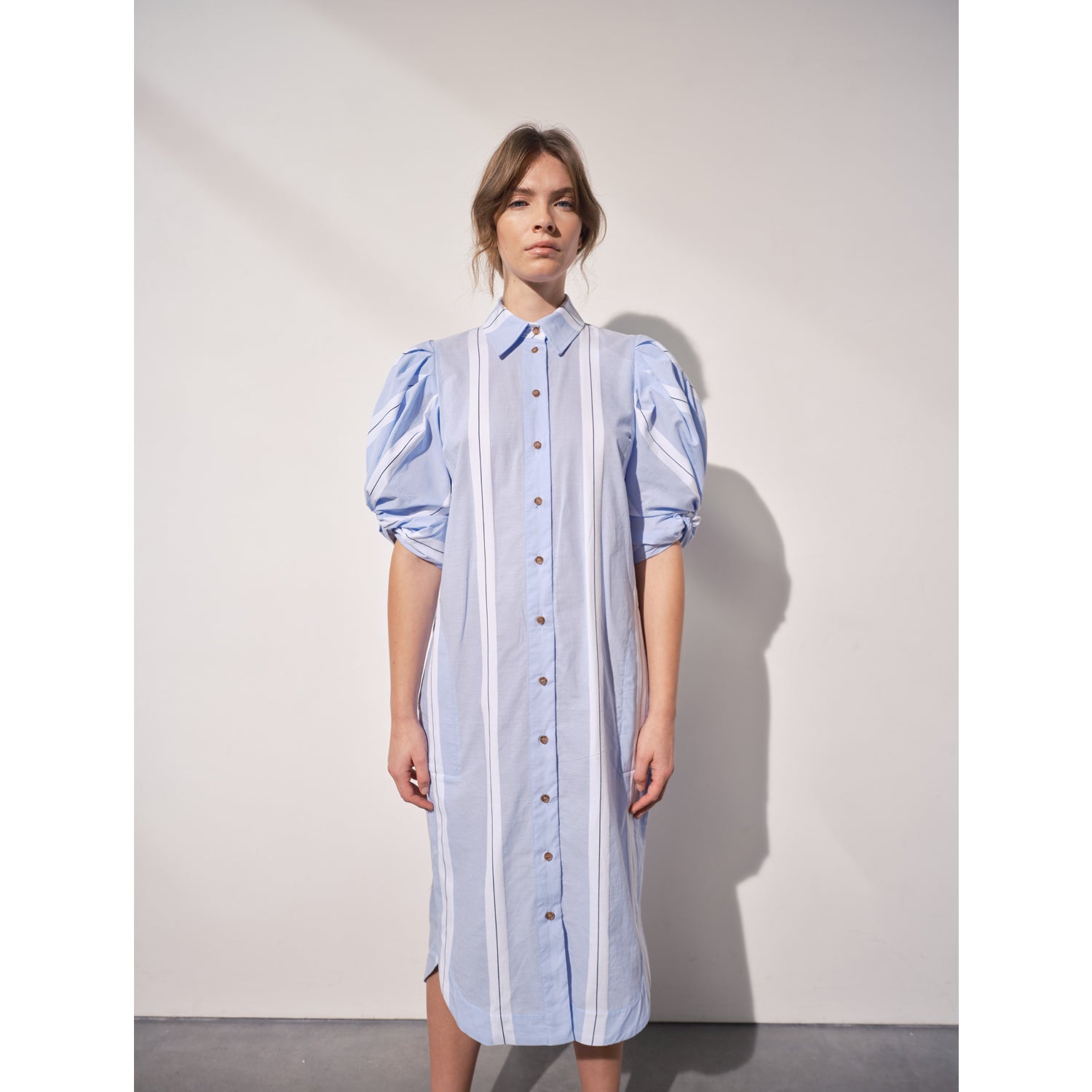 Loom London Women's Ines Knot Sleeve Shirt Dress Blue & White Stripe