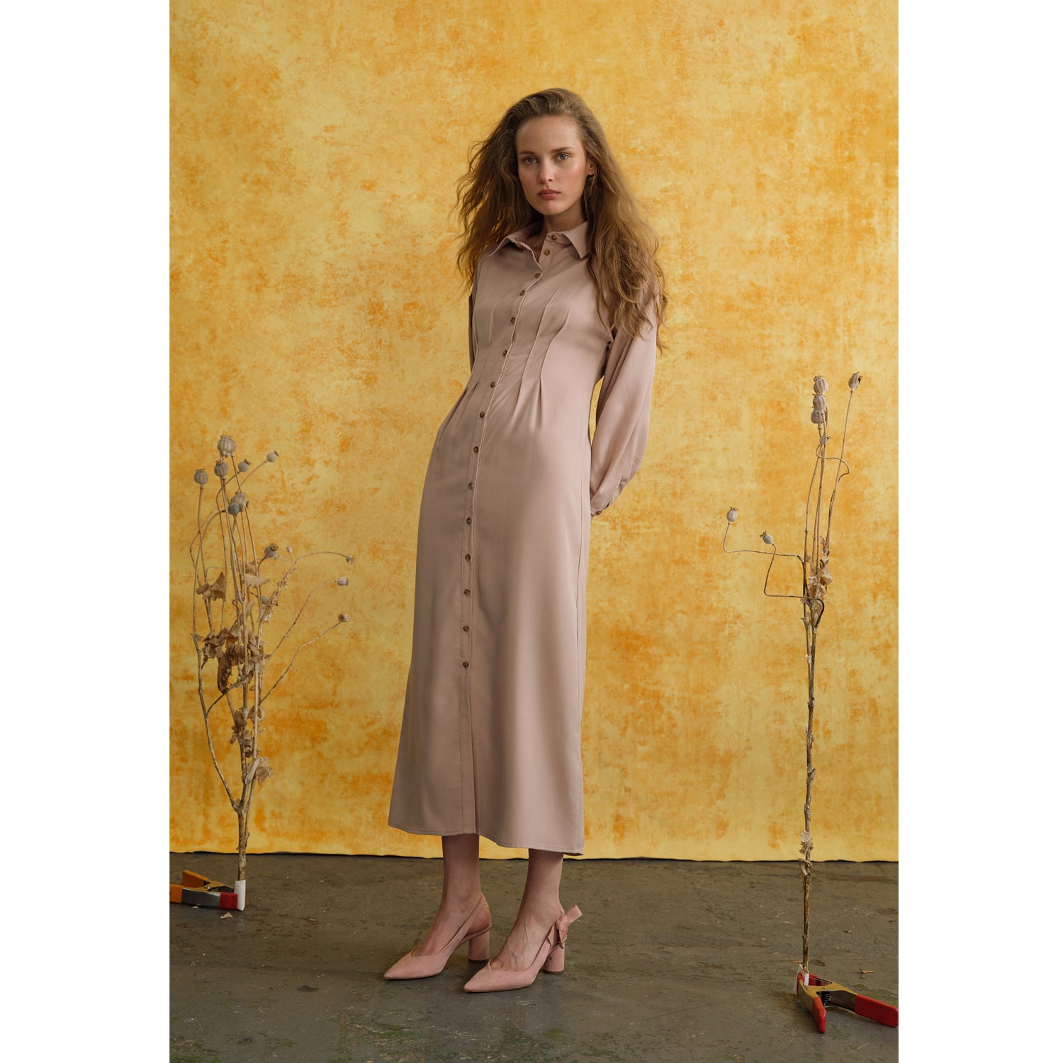 Loom London Women's Camille Blush Pink Midi Shirt Dress