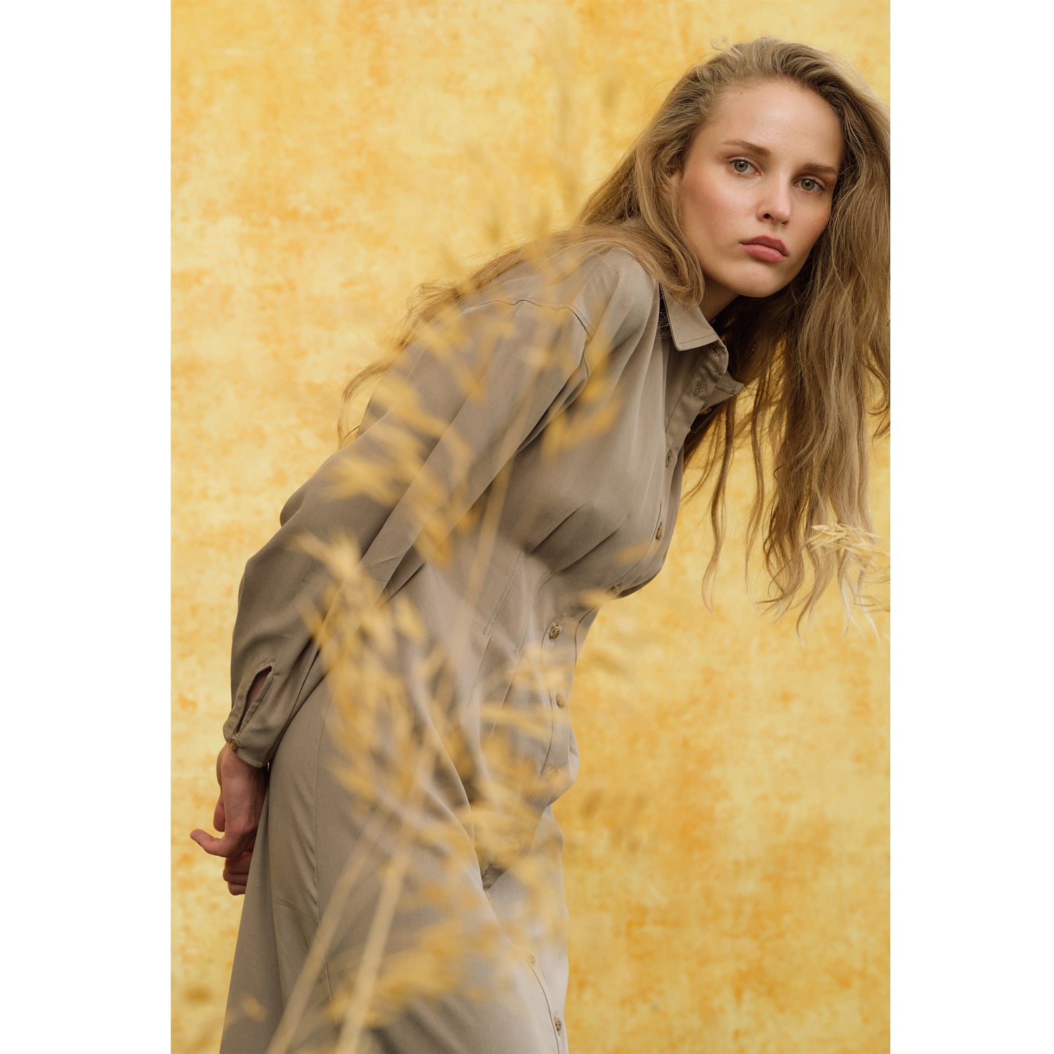 Loom London Women's Camille Khaki Green Midi Shirt Dress