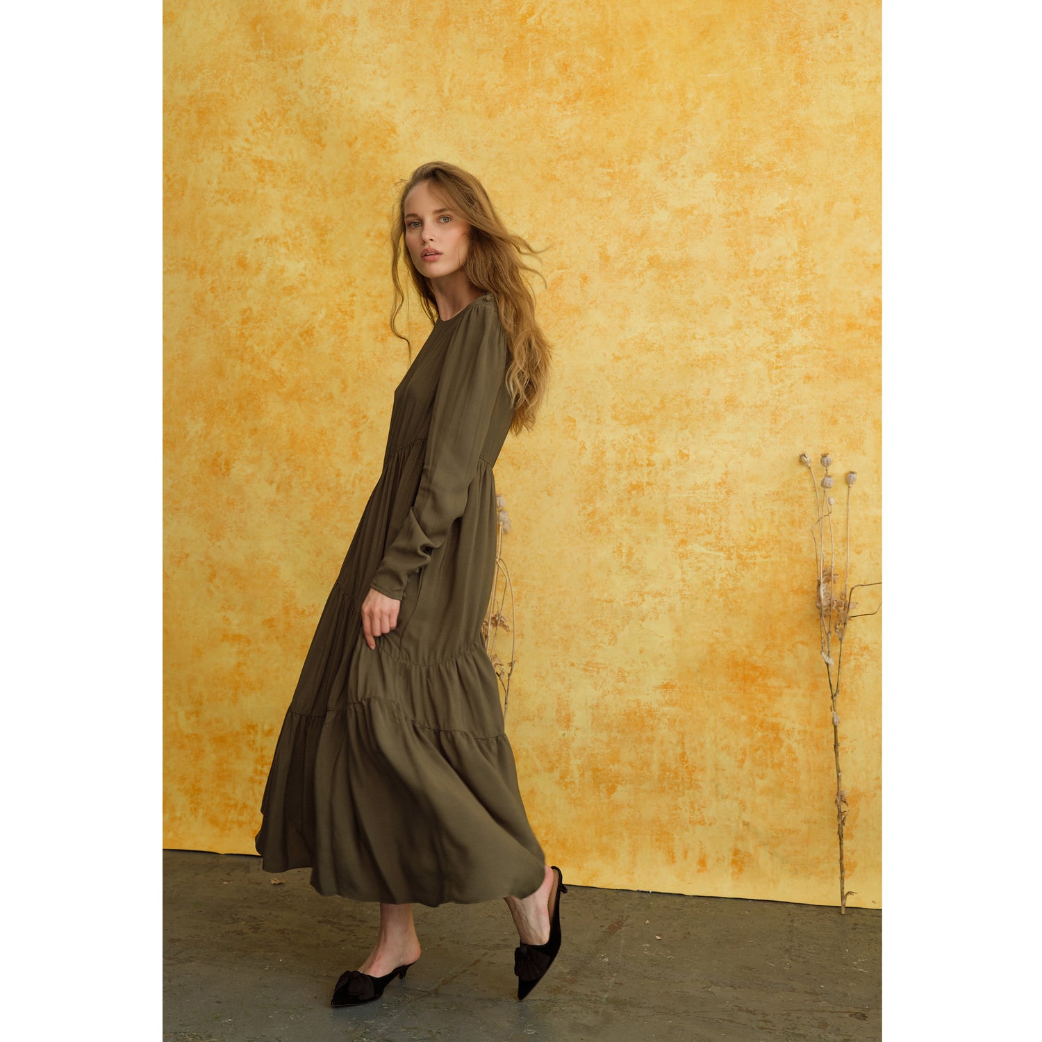 Loom London Women's Petra Khaki Green Long Tiered Dress